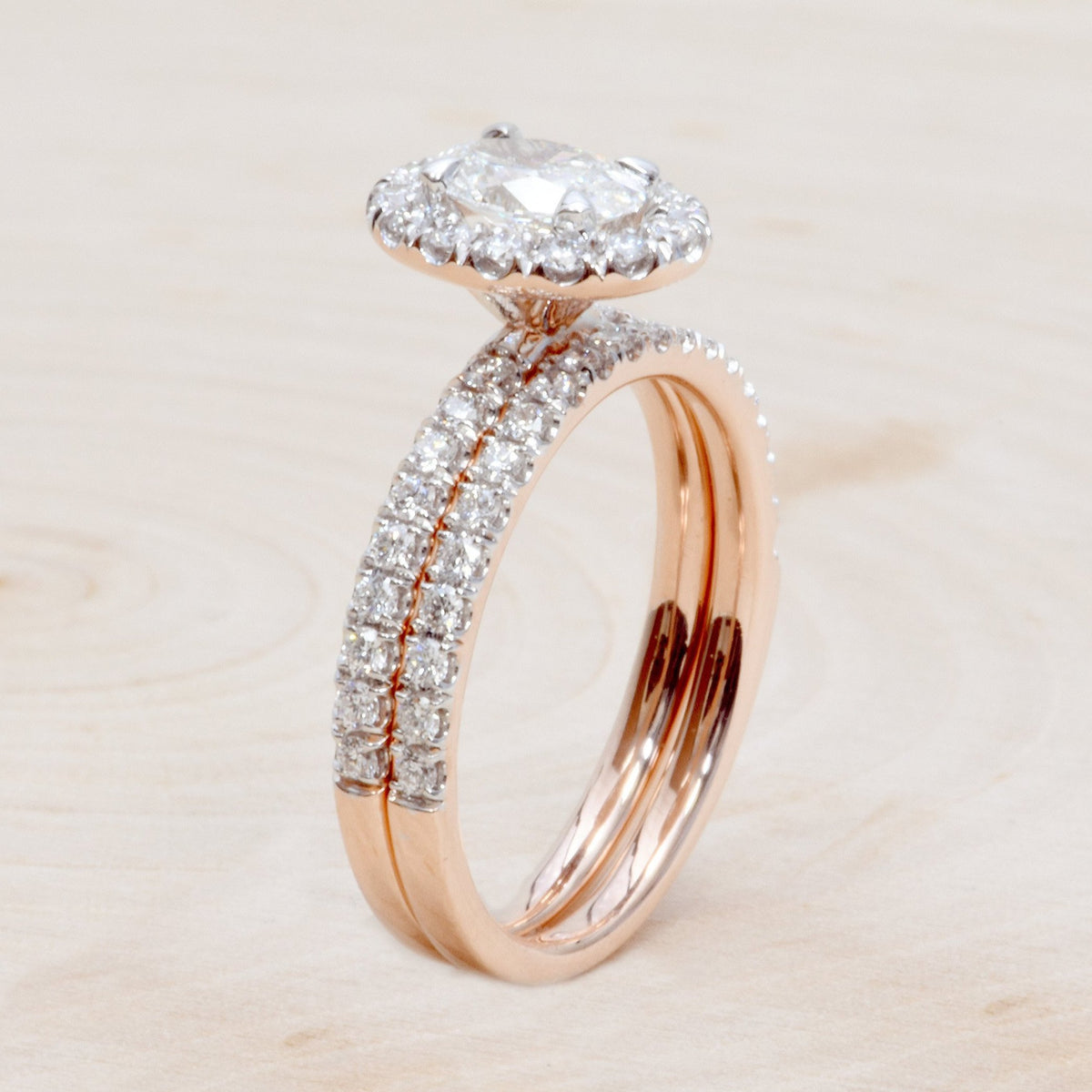 14K White & Rose Gold Oval Diamond Halo Engagement Set – Rondels ...